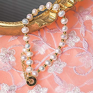 Cowlyn Pearl Bracelet Chain Link Baroque Culture Bossimi 14K Gold Filled Adjustable Fashion Valentine Charm Dainty Handmade Jewelry for Women Wife Girls Mother（with Gift Box）