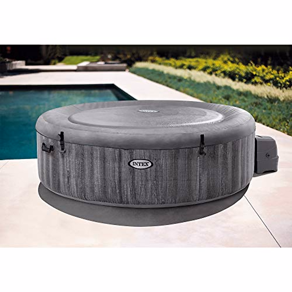 Intex PureSpa Greywood Deluxe 85" x 25" Outdoor Portable Inflatable 6 Person Round Hot Tub Spa with Bubble Jets, Hardwater Treatment, Filter and Cover