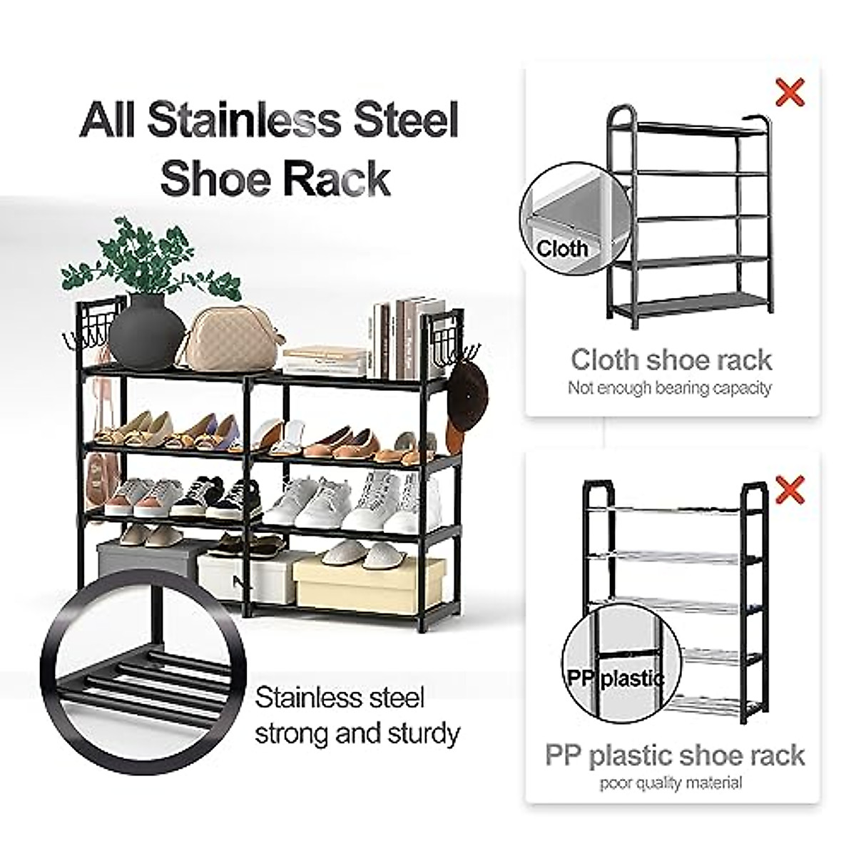 MOCINE 4-Tier Shoe Rack, Black Metal Shoe Racks, Stackable Shoe Shelf with Multifunctional Hooks, Hold 20 Pairs, Space saving shoe rack, Shoes rack for closet,