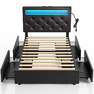 Rolanstar Twin Size Bed Frame with Charging Station and LED Lights, Upholstered PU Leather Bed with Adjustable Headboard and 4 Storage Drawers, No Box Spring Needed, Easy Assembly, Black