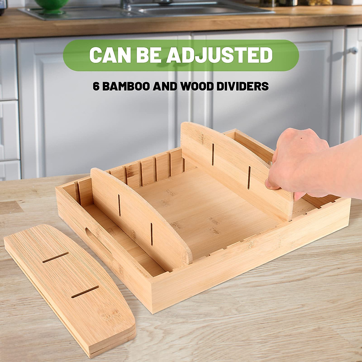 Kitchen Bamboo Lid Organizer, Cabinet Organizer for Food Storage Container Lids, Kitchen gadgets with 6 Adjustable Dividers, Lid Holder for kitchen organization