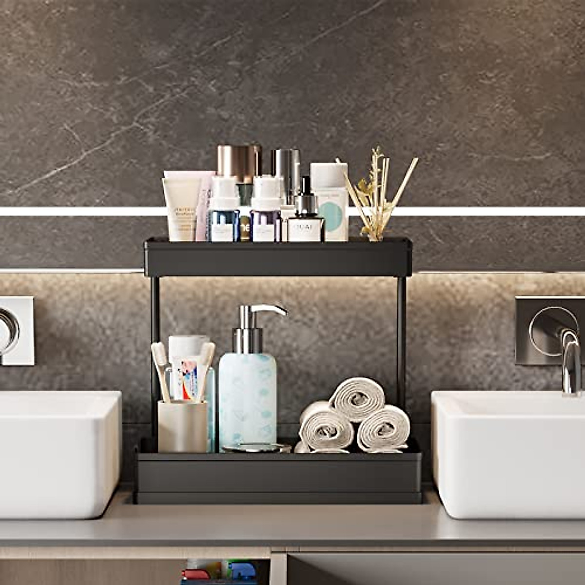 Beriflai Under Sink Organizer 2 Packs, 2 Tier Under Sink Organizers and Storage, Sliding Pull Out Cabinet Basket Organizer for Bathroom Kitchen Pantry, Black