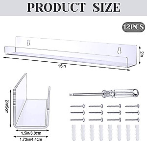 Chunful 12 Pack Acrylic Floating Shelves Wall Mounted 15 Inch Acrylic Kids Floating Wall Ledge Bookshelf Wall Shelf Organizer for Home, Bedroom, Bathroom, Kitchen Storage (Clear)