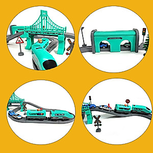 DSHMIXIA Battery Operated Train Set for Kids Electric Train Sets Toys for 3 Year Old Boys 4-7 8-14 Around Wooden Train Track Set for Christmas Tree (City Track Train)