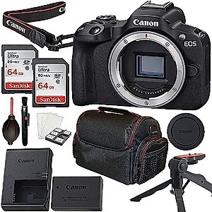 Canon EOS R50 Mirrorless Camera (Body Only) + 2pc 64GB Memory Cards + Tripod + Case & More