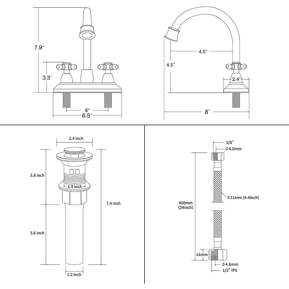 Bathroom Faucet 3 Hole, GOWIN Bathroom Faucet Matte Black,Bathroom Faucets for Sink 3 Hole,Bathroom Sink Faucet,4 Inch 2- Handle Sink Faucet with 360 Swivel Gooseneck,Drain Assembly
