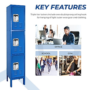 Pataku Metal Lockers for Employees, 3 Tier Storage Locker Cabinet, Steel Lockers 3 Lockable Doors for School, Gym, Office, Home(Blue, 3-Tier)