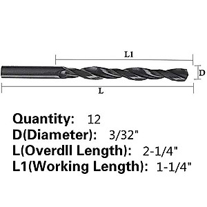 DrillForce 12pcs 3/32 inch x 2-1/4 inch M2 Drill Bits, Black Finish, High Speed Steel Twist Drill Bits