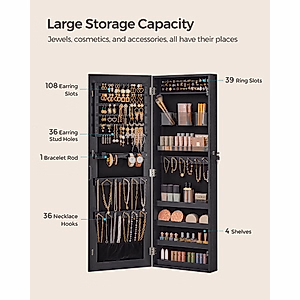 SONGMICS Mirror Jewelry Cabinet Armoire, Wall or Door Mounted Jewelry Storage, Hanging Lockable Frameless with 2 Plastic Cosmetic Organizers, Gift Idea, Black UJJC001B01