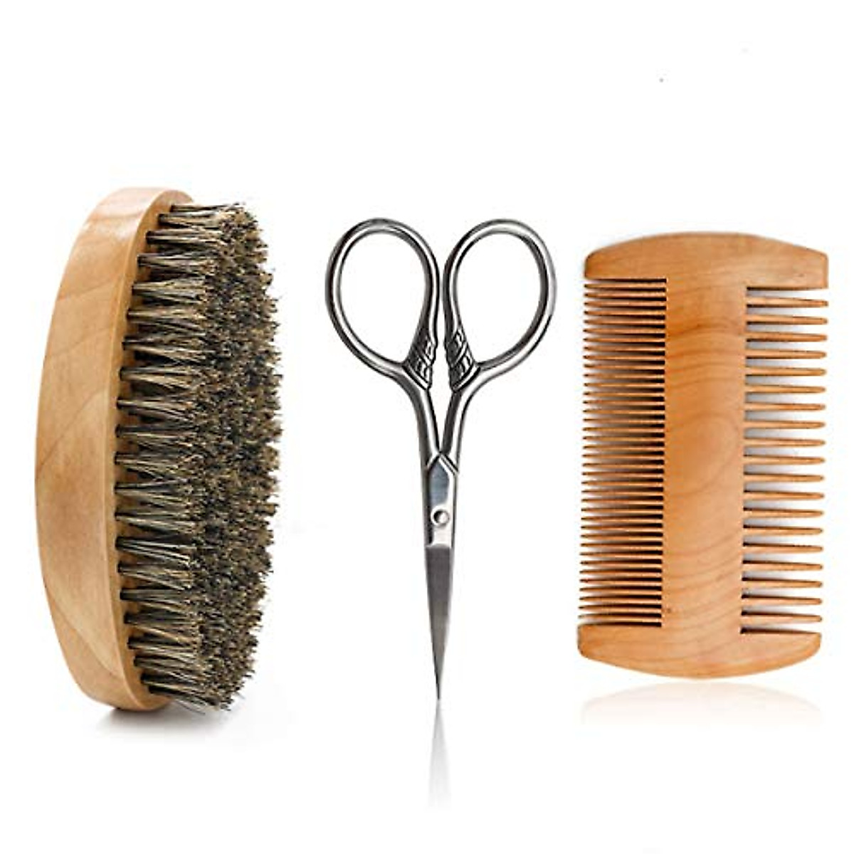 Hair Dough Beard Brush & Comb, Scissors Set for Men, Set Includes Soft Boar Bristle Brush, Bamboo Wide Tooth Comb, and Mustache Trimming Scissors, Straighten & Soften Your Beard
