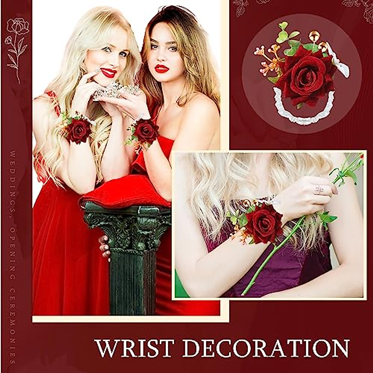 Sherr 24 Pieces Wine Red Wrist Corsage Wristlet Band for Bridal Bridesmaid Girls Women Red Rose Bracelets Wedding Artificial Wrist Corsages Burgundy Rose Hand Flower for Prom Wedding Engagement