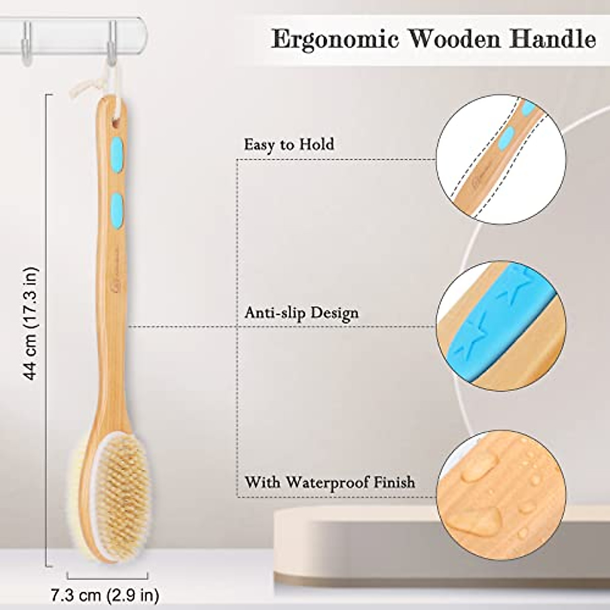 FREATECH Long Handle Body Brush Back Scrubber Exfoliator - 17.3" Wooden Bath Shower Brush, Dual-sided Brush Head with Soft Nylon Bristles and Stiff Natural Bristles for Wet or Dry Brushing