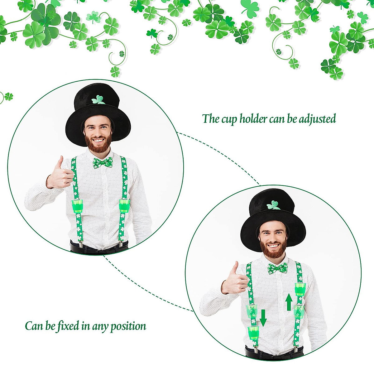 Geyoga St Patricks Green Suspenders St Patricks Day Suspenders Adjustable Elastic Men's Suspenders with Clips Shamrocks Suspender with Shamrocks Bowtie Cups Pins Saint Patricks Day Accessories
