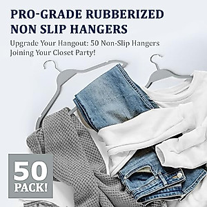 Heavy Duty Plastic Hangers, 50 Pack Rubber Coating Non Slip Coat Hangers with Shoulder Grooves, Suit Hangers with 360° Swivel Hook, Space Saving Organizer for Bedroom Closet, Gray