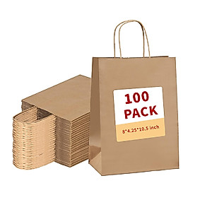 vanhel 100 Pack Brown Kraft Paper Bags with Handles Bulk,8x4.25x10.5 Inches,Brown Paper Bags,Craft Gift Bags,Gift Bags with Handles for Wending,Birthday, Favor,Party,Retail Merchandise Bags