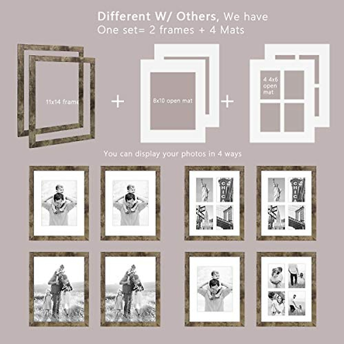 Hap Tim 11x14 Picture Frame Set of 2,Each Carbonized Black Wood Pattern Frame with 2 Mats,Display 8x10 or Four 4x6 Photos with Mat,11x14 Picture Without Mat for Wall Display