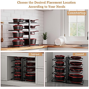 Pan Organizer Rack for Cabinet,8 Tiers Pots and Pans Organizer for Kitchen Organization & Storage, Height Adjustable Pot Lid Holders & Pan Rack ,Non-Slip Space Saving Pan Rack Holder（BLACK）