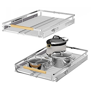 Pull Out Cabinet Drawer Organizer Expendable Slide Out Pantry Storage Shelves Heavy Duty Stainless Steel Shelf Rack for Kitchen Base Cabinet Pantry Closet Under Sink Divider Organization,2Packs