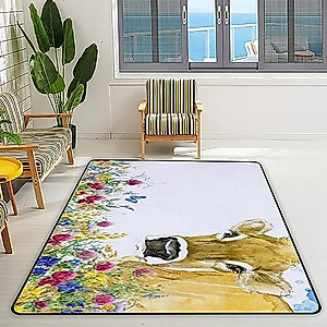 ZHIMI Large Area Rug Runner Mats Cow Red Yellow Flowers Butterfly Non-Slip Anti-Fatigue Absorbent Super Soft Rugs Pads for Laundary Living Room Bedroom Toilet Kitchen Polyester 72x48in