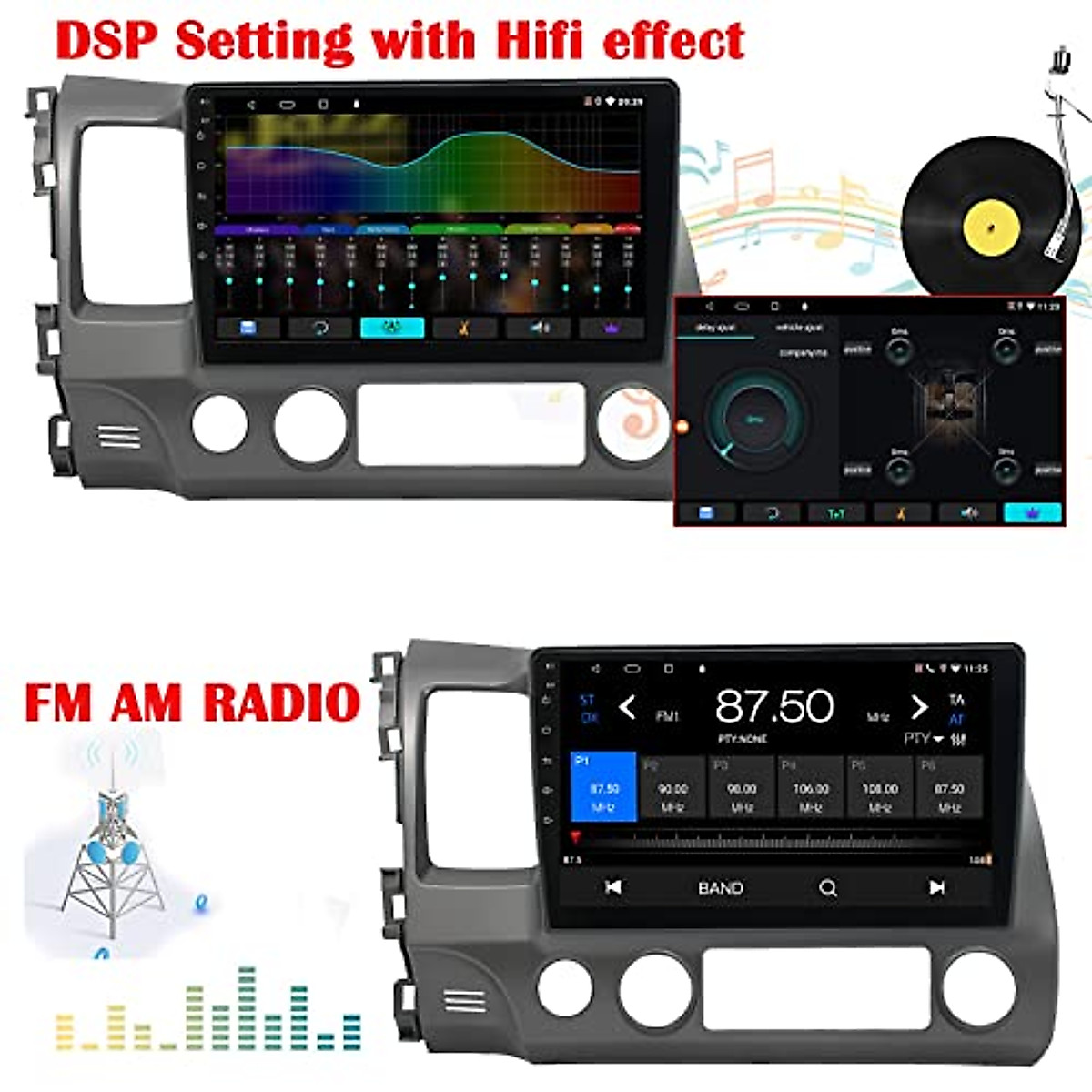 Binize Android 10 Car Stereo Compatible with CarPlay&Android Auto,10 Inch Touch Screen Car Radio Support Bluetooth,GPS Navigation,FM&AM,RDS,DSP,SWC for Honda Civic 2006-2011+Backup Camera