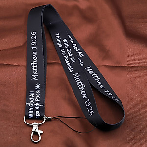 LQRI Christian Lanyard ID Holder Keychain Bible Verse Matthew 19:26 Gift With God All Things Are Possible Gift Clip Charm Catholic Gift Religious Baptized Jewelry (Black)