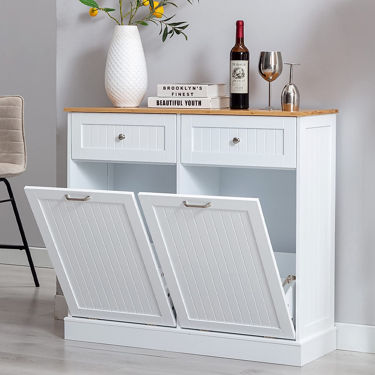 Double Tilt Out Trash Cabinet 20 Gallon, Freestanding Wooden Kitchen Trash Recycling Cabinet with Drawer & Removable Cutting Board, Dog Proof Trash Can Cabinet, White