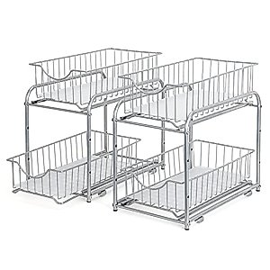 MOOACE 2 Pack Stackable 2-Tier Under Sink Cabinet Organizer with Sliding Storage Drawer, Sliding Basket Organizer for Kitchen, Bathroom, Pantry, Cabinet, Silver