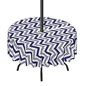 Lirduipu Chevron Pattern Round Outdoor Tablecloth,Outdoor Round Tablecloth with Umbrella Hole - Water Resistant Spillproof,for Patio Garden Tabletop Decor(52" Round,Navy Blue White)