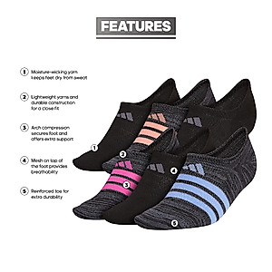 adidas Women's Superlite Super No Show Socks (6-Pair), Black/Blue Fusion/Onix Grey, Medium
