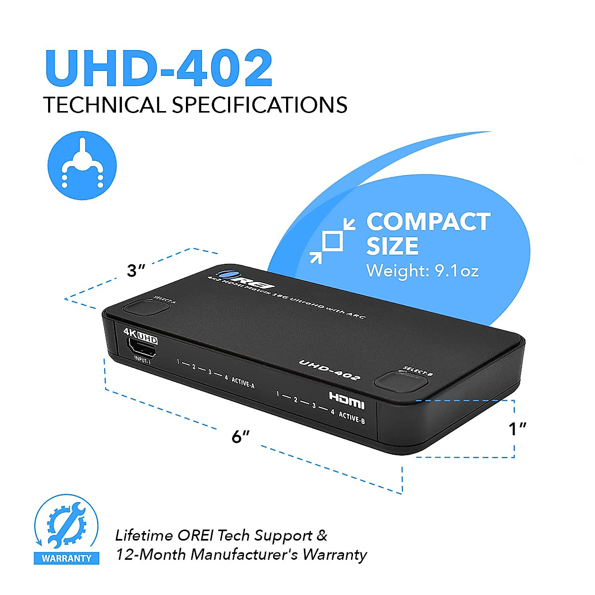 OREI 4K HDMI Matrix Switch 4 X 2, Switcher 18G UltraHD with Arc Supports upto 4K @ 60Hz & 1080P IR Remote Control - Full Matrix Selection (UHD-402)