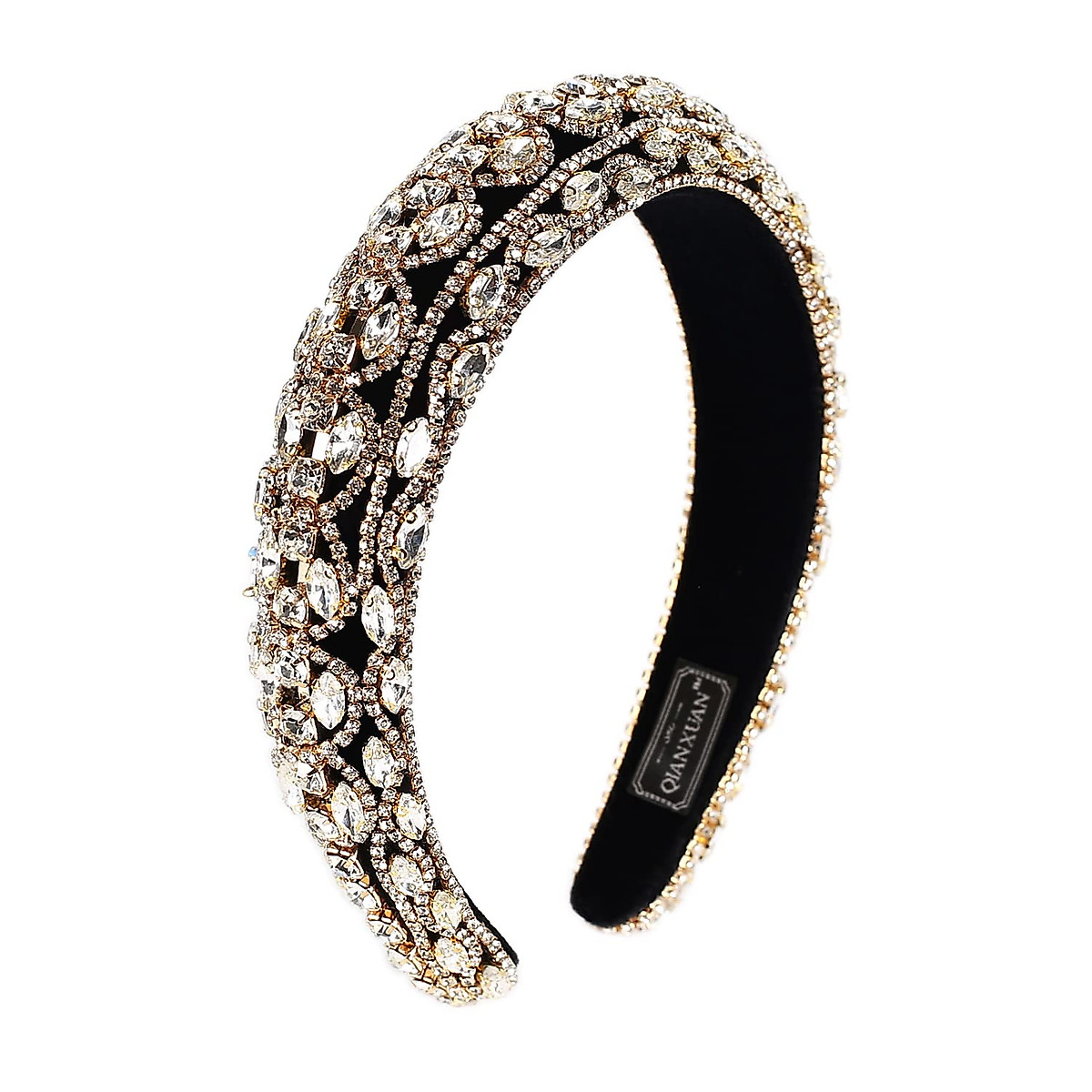 QIANXUAN Crystal Rhinestone Headbands For Women White Pearl Headbands For Girls Padded Headband Black Velvet Jewelry Chain Hairband Handmade Pearly Flower Retro Filling Diamond Hair Accessories