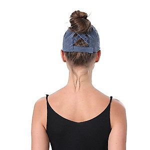 Women Distressed Ponytail Baseball Caps Adjustable Criss Cross Ponytail Hats High Messy Bun Ponycap Trucker Hat White