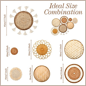 Set of 7 Wall Basket Decor Boho Wall Hanging Decor Rattan Wall Decor Flat Round Woven Macrame Tassels White Tapestry Bamboo Wall Basket Serving Tray Art Handmade Set for Room Bedroom Living Room