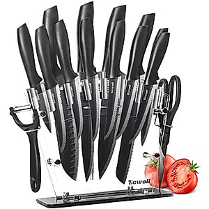 TICWELL Knife Set, 19 Pieces German Stainless Kitchen Knife Block Sets Include Accessories,Black