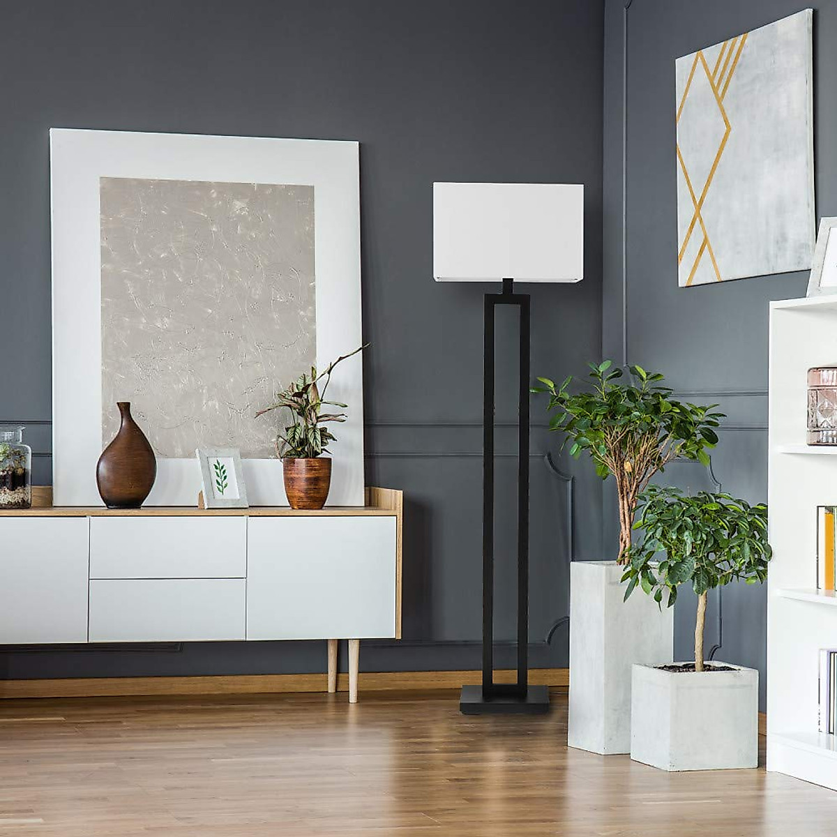 Globe Electric 67046 D'Alessio 58" Floor Lamp, Matte Black, White Linen Shade, On/Off Socket Rotary Switch