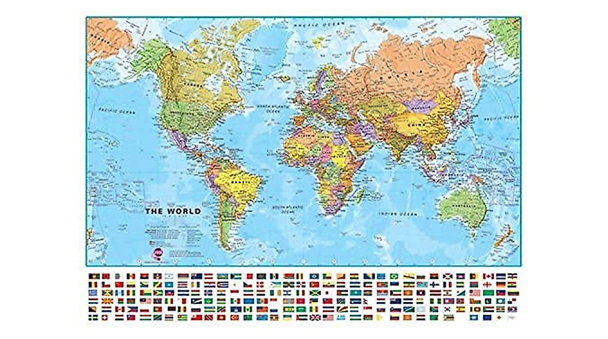 Large Laminated World Map Poster with Flags - 23x33