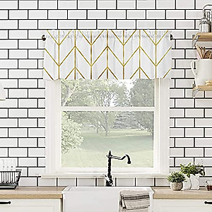 Window Valance Light Filtering Valances Curtains Modern Chevron Geometric White and Gold Lightweight Window Treatment Rod Pocket Valances for Living Room/Kitchen,54 x 18 Inch,1 Panel