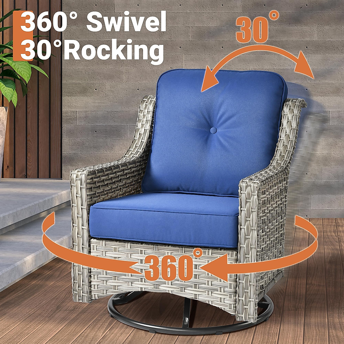 ovios 5 Piece Outdoor Patio Furniture with Swivel Chair & Ottoman,Rattan Wicker Coversation Set with High Back,Sectional Sofa for Outside Porch Balcony Backyard Pool,Navy Blue