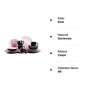 HomeVss Stoneware Two-Tone Colors Life 16pc Dinner Set，Outside Shiny Black + Inside Matte Glaze Rose