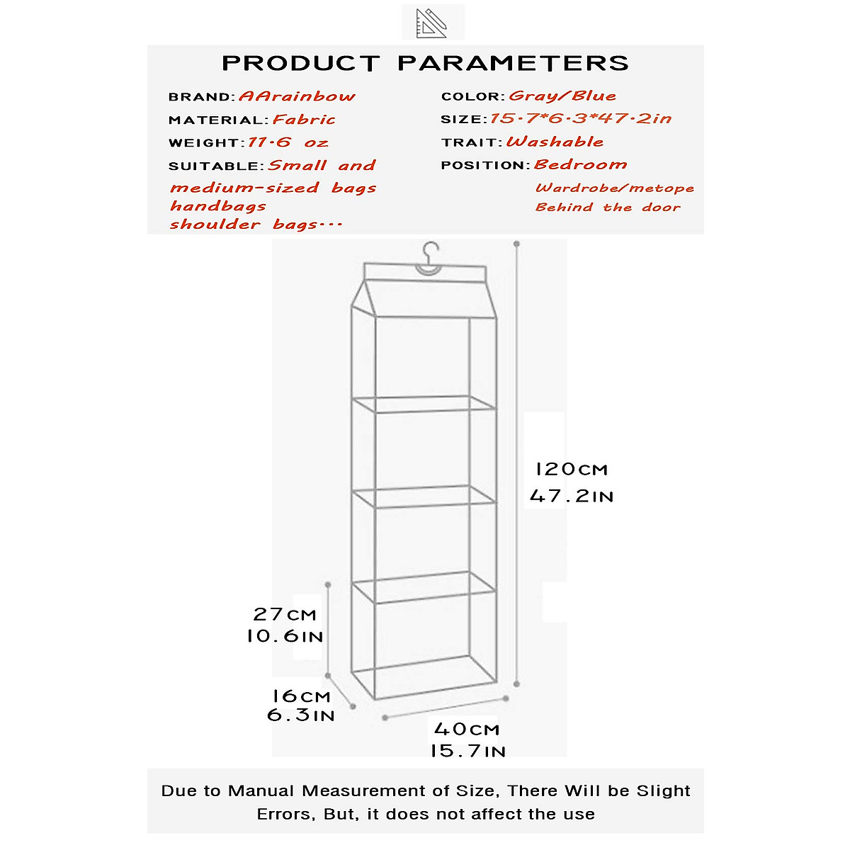 AARAINBOW Hanging Clear Handbag Purse Organizer for Closet, Handbag Organizer with Hook 4 Easy Access Pockets Wardrobe Closet Space Saving Organizers System, 47.2 L x 15.7Wx 6.3D (Gray)