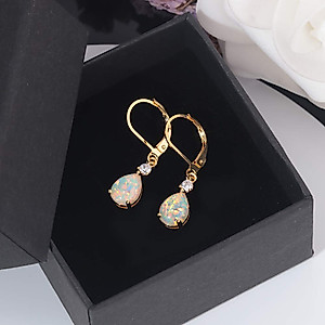 CiNily Small Gold Dangle Earrings Opal Leverback Drop Earrings for Women 14K Yellow Gold Plated Teardrop Gemstone Earrings