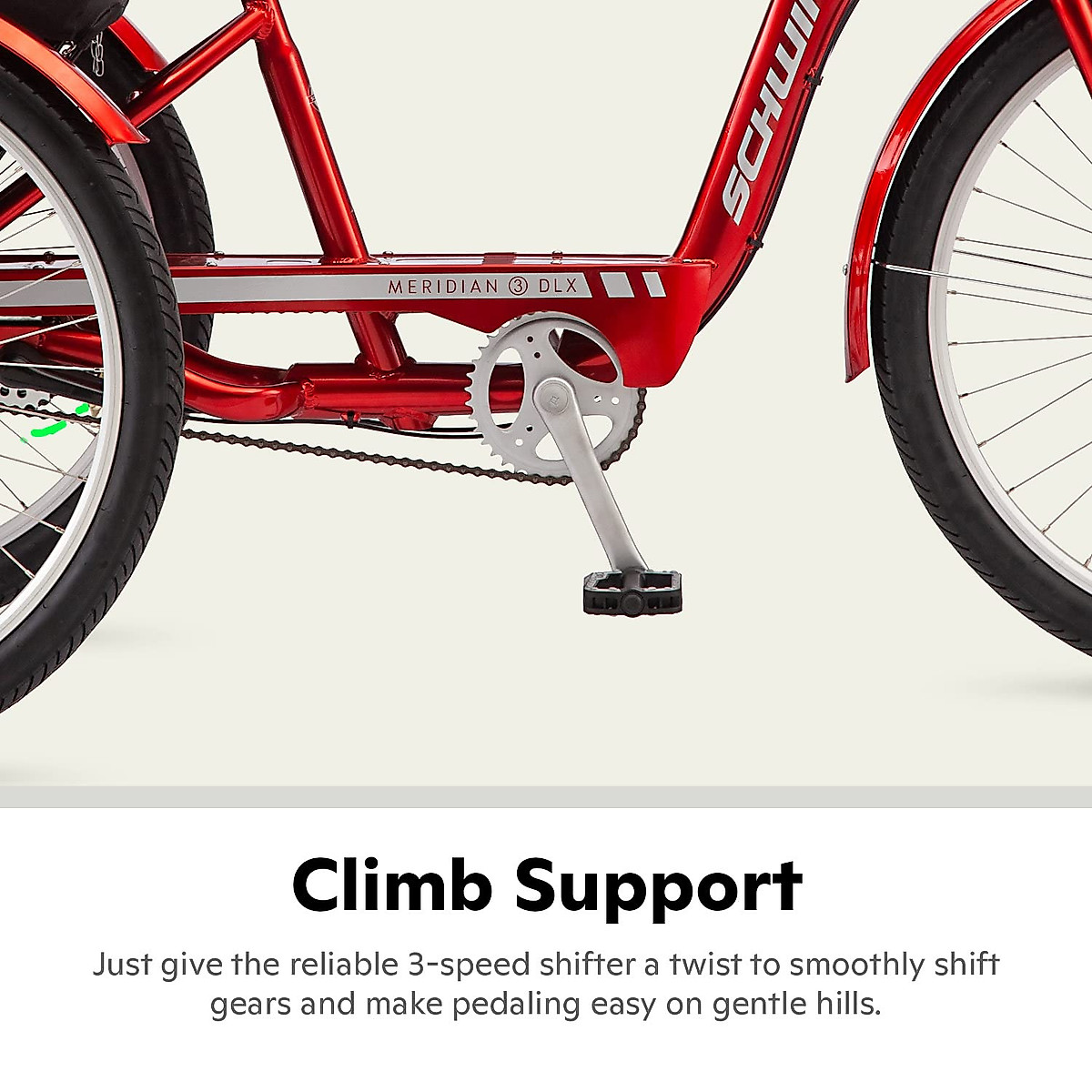 Schwinn Meridian Deluxe Adult Tricycle Bike, Mens and Womens Three Wheel Beach Cruiser, 26-Inch Wheels, Low Step-Through Frame, Wide Seat, Rear Folding Basket, 3-Speed, Red