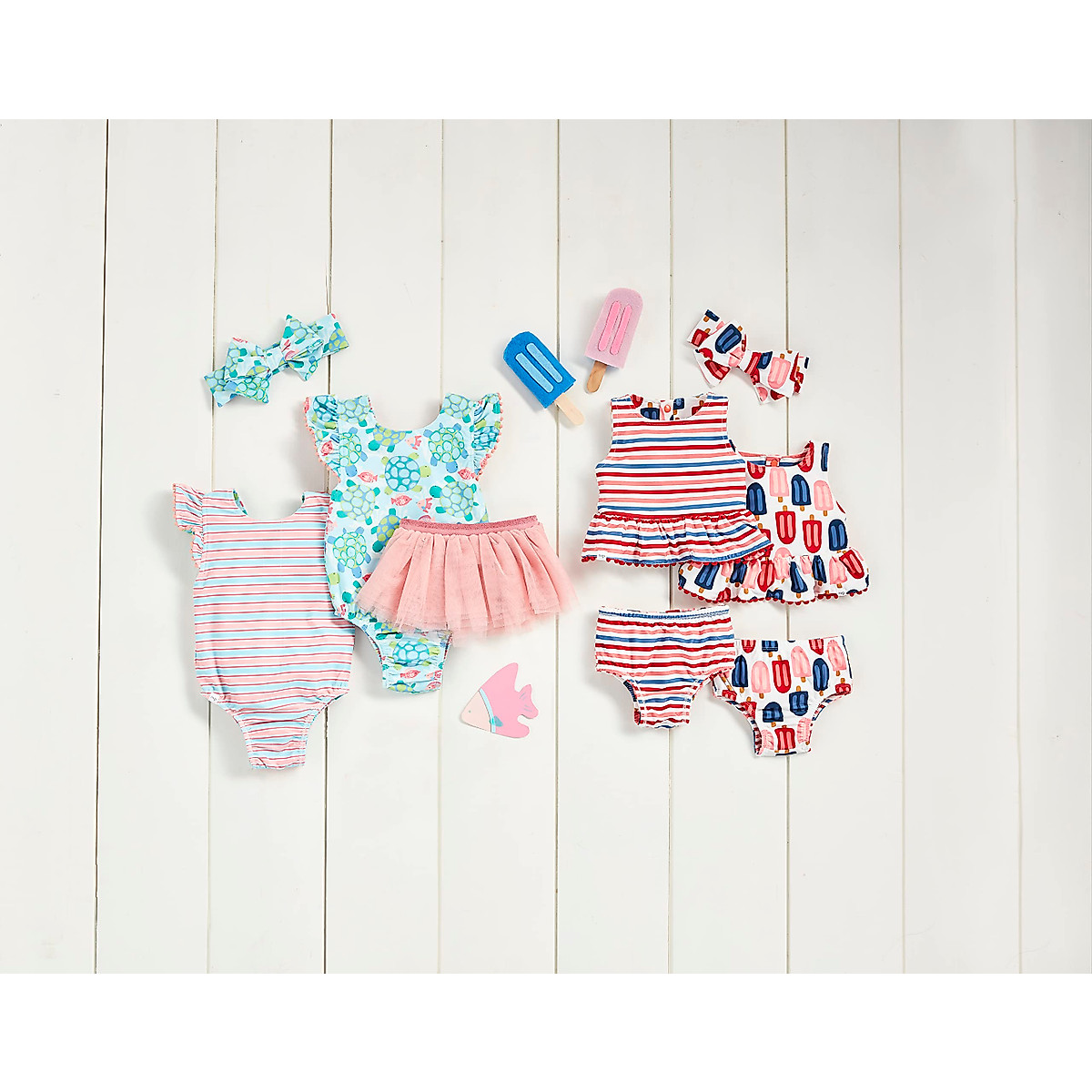 Mud Pie Girls Reversible Swimsuit & Tutu Set, Turtles/Stripes, 4T