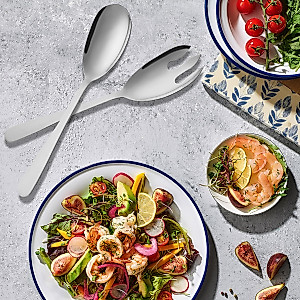 Ymeibe Salad Spoon and Fork Stainless Steel Tong Serving Set, Heavy Duty Smooth Finish Metal Serving Utensils Large Salad Servers for Home Kitchen Party Buffet Supply (Silver)