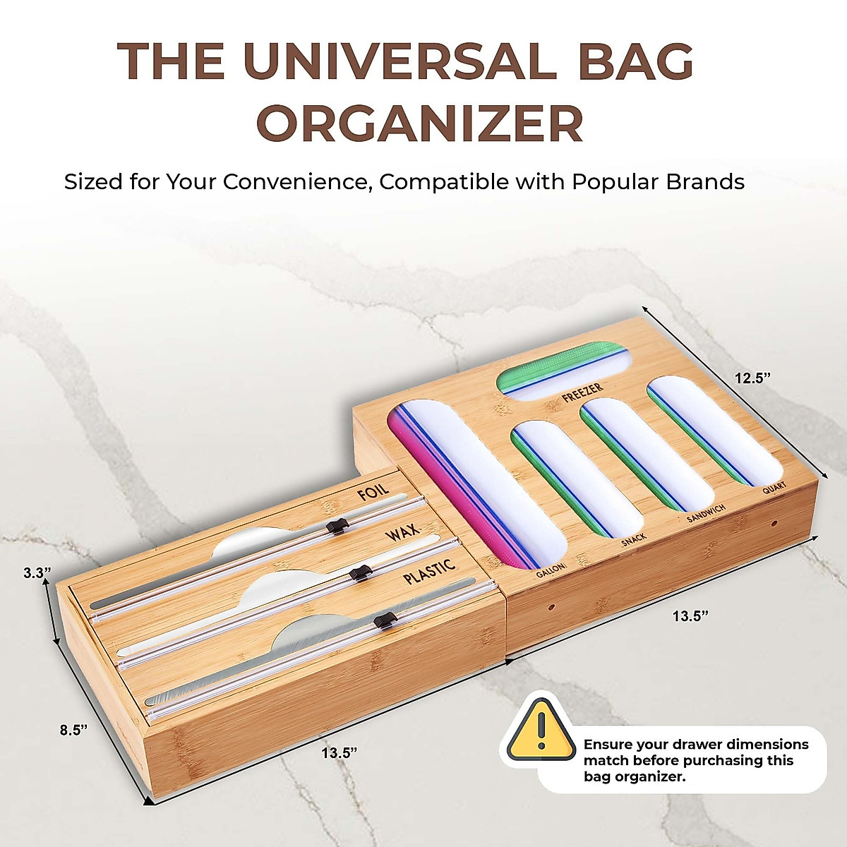 PANDAWOOD 8 IN 1 Storage Bag Organizer for Kitchen Drawer - Bamboo Plastic Bag Organizer - Foil Plastic Wrap Organizer Dispenser with Cutter - Baggie Organizer for Drawer - Sandwich Bag Organizer