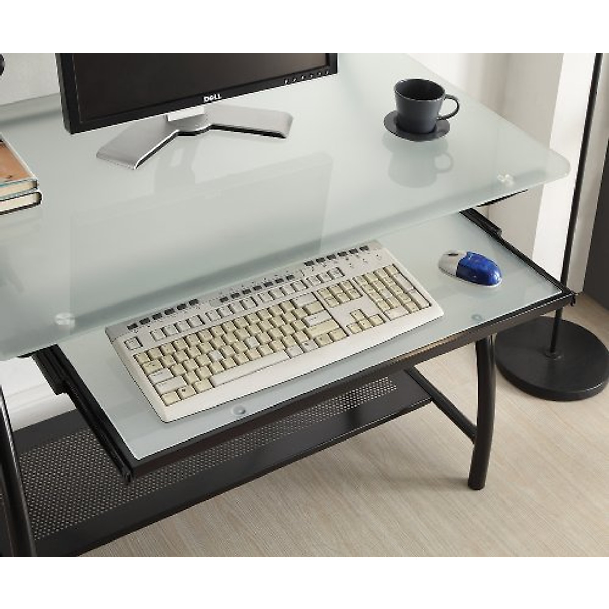 OSP Designs OSP Designs Newport Computer Desk with Frosted Tempered Glass Top, Pullout Keyboard Tray, and Black Powder Coated Steel Frame