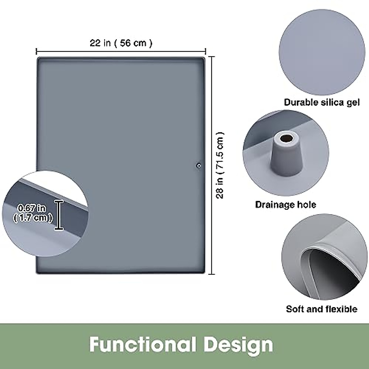 Puricon Under Sink Mat, 28” x 22” Under Sink Mats for Kitchen Waterproof, Silicone Under Sink Liner Under Cabinet Rubber Mat Protector, Flexible Under Sink Drip Tray for 30” Bathroom Cabinet -Gray