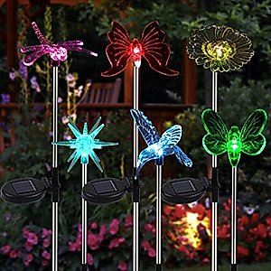 Glintoper 6 Pack Solar Garden Stake Lights Outdoor, Solar Butterfly Figurine Lights, Multi-Color Changing LED Landscape Lighting, Sparkling Star Flower Hummingbird Dragonfly Bee for Patio Yard Pathway