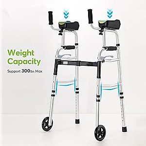 OasisSpace Folding Walker - Standard Walker with 5’’ Wheels and Removable Padded Armrests 300lbs, Platform Walker with Arm Support for Senior, Handicap & Disabled
