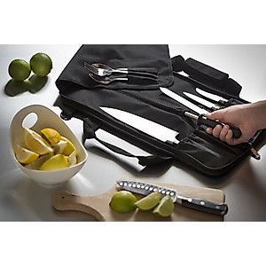 Chef Knife Roll Bag (6 slots) is Padded and Holds 5 Knives PLUS a Protected Pouch for Your Knife Steel! Our Durable Knife Carrier Includes Shoulder Strap, Handle, and Business Card Holder. (Bag Only)